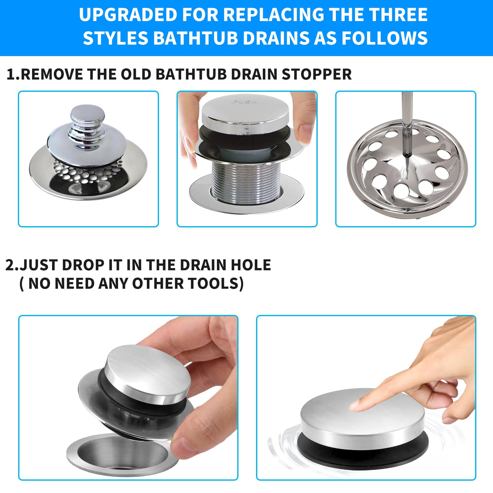 Bathtub Drain Stopper, Uxoz Universal Tub Stopper for Replacing Tip Toe/Trip Lever/Lift&Turn Tub Drain, Bath Tub Drain Stoppers Desiged for 1.5"-1.72" Drain Hole with 3 O-Rings, Chrome Plated