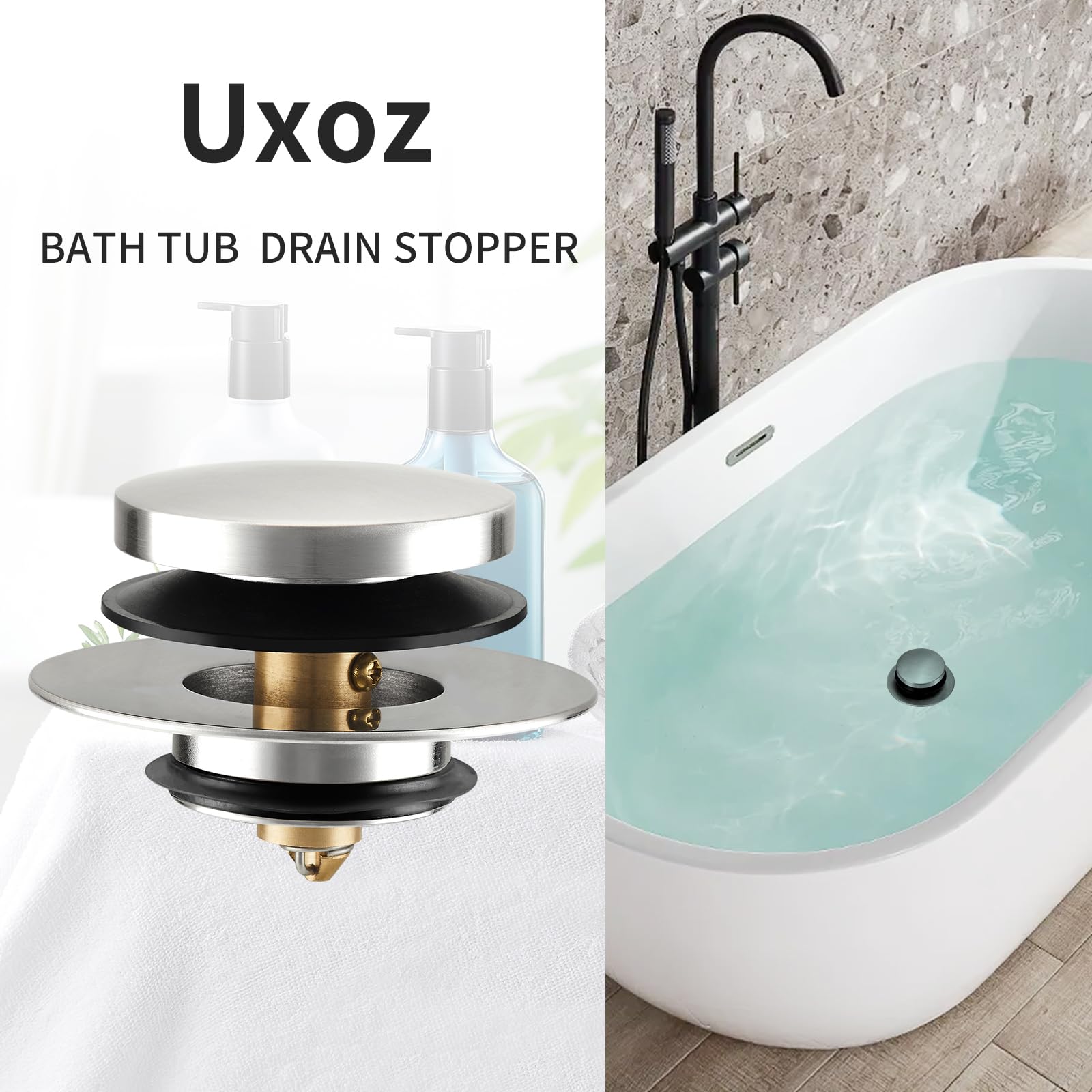 Bathtub Drain Stopper, Uxoz Universal Tub Stopper for Replacing Tip Toe/Trip Lever/Lift&Turn Tub Drain, Bath Tub Drain Stoppers Desiged for 1.5"-1.72" Drain Hole with 3 O-Rings, Chrome Plated