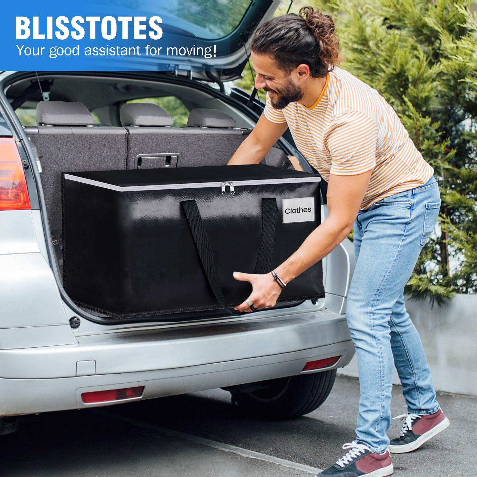 BlissTotes Collapsible Moving Bags - Heavy Duty Boxes with Zippers and Handles, Space Saving Packing Totes for Moving Supplies Storage (93L, 6-Pack, Black)