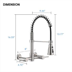 Dornberg Wall Mount Kitchen Faucet with Sprayer, 8 Inch Center Commercial Kitchen Sink Faucet, Spot-Free Stainless Steel, 2 Handle for Easy Controlled Cold and Hot Water - Brushed Nickel