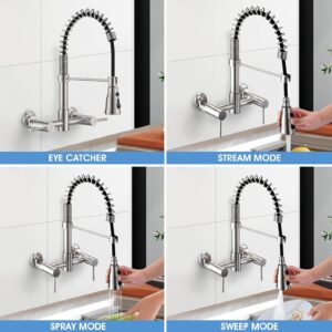 Dornberg Wall Mount Kitchen Faucet with Sprayer, 8 Inch Center Commercial Kitchen Sink Faucet, Spot-Free Stainless Steel, 2 Handle for Easy Controlled Cold and Hot Water - Brushed Nickel