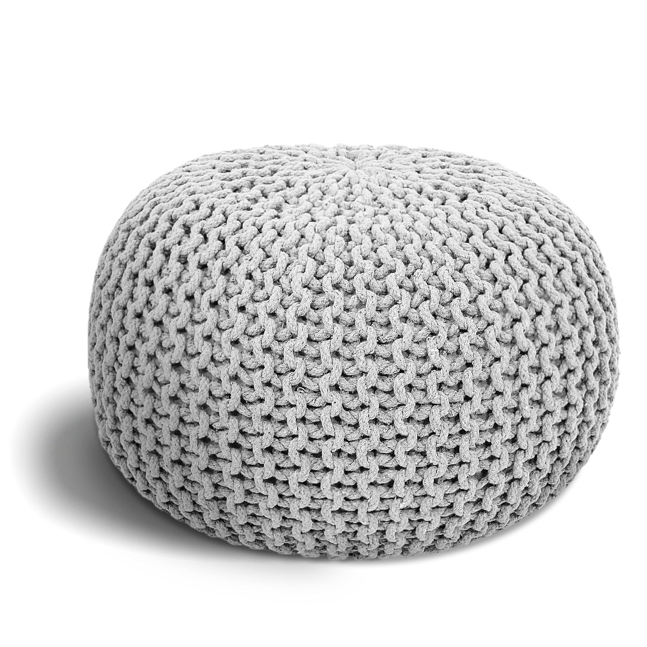 ELYFLAIR® Pouf Ottoman Hand Knitted – Elegant and Simple Knitted Pouf – Multipurpose Handmade Pouf Ottoman for Bedroom, Living Room – Comfortable Cotton Ottoman Foot Rest (White, 17,7⌀ inches)