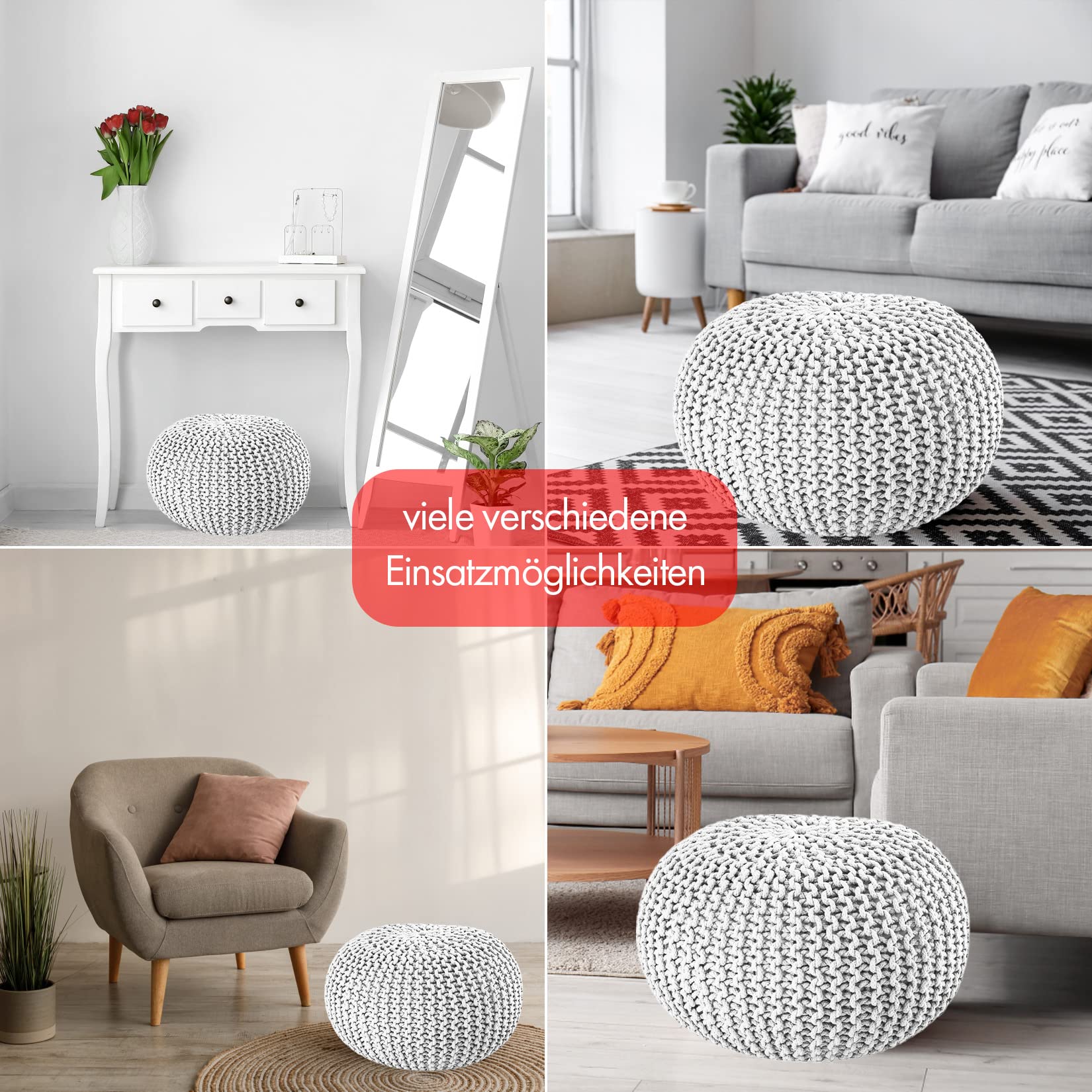 ELYFLAIR® Pouf Ottoman Hand Knitted – Elegant and Simple Knitted Pouf – Multipurpose Handmade Pouf Ottoman for Bedroom, Living Room – Comfortable Cotton Ottoman Foot Rest (White, 17,7⌀ inches)