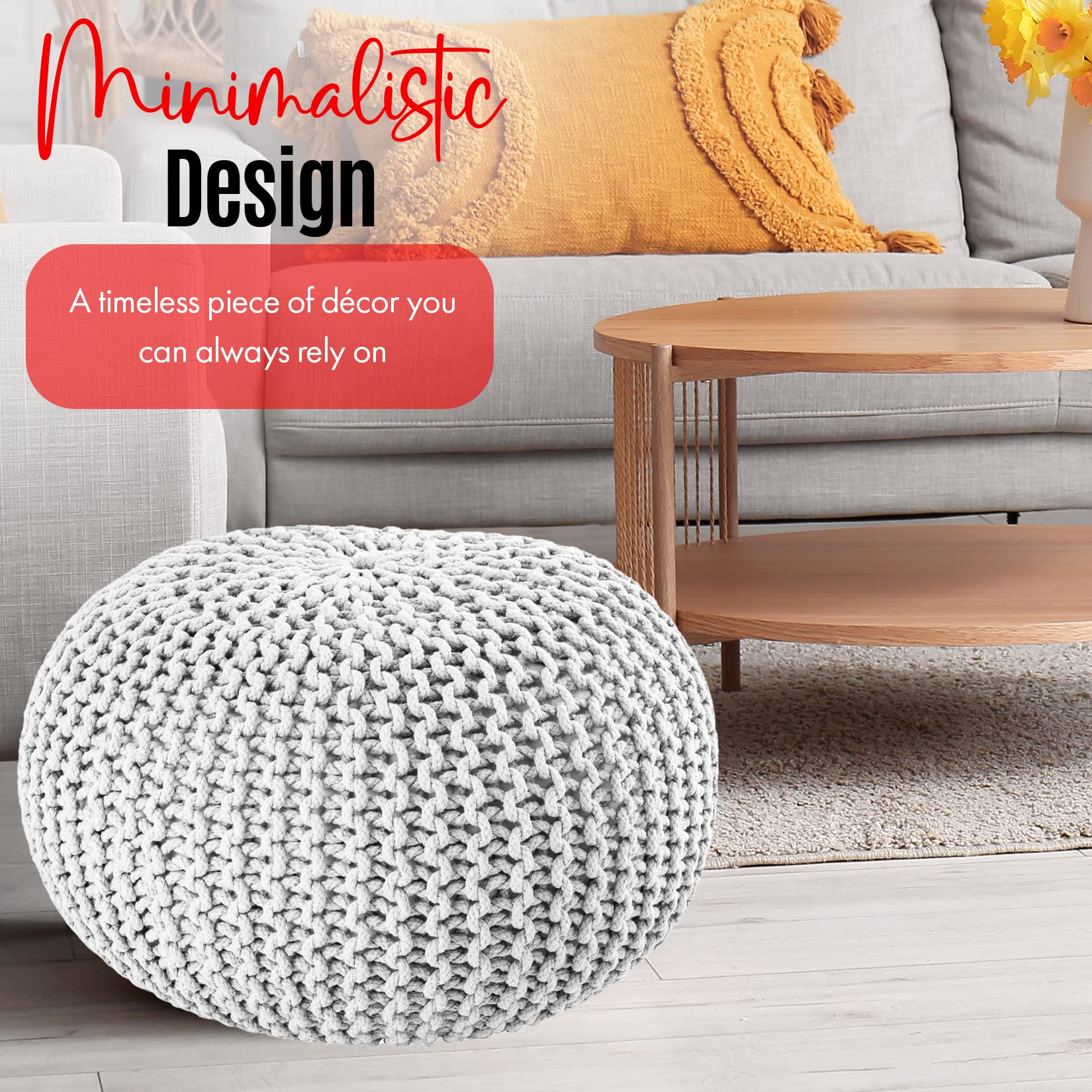 ELYFLAIR® Pouf Ottoman Hand Knitted – Elegant and Simple Knitted Pouf – Multipurpose Handmade Pouf Ottoman for Bedroom, Living Room – Comfortable Cotton Ottoman Foot Rest (White, 17,7⌀ inches)