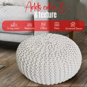 ELYFLAIR® Pouf Ottoman Hand Knitted – Elegant and Simple Knitted Pouf – Multipurpose Handmade Pouf Ottoman for Bedroom, Living Room – Comfortable Cotton Ottoman Foot Rest (White, 17,7⌀ inches)