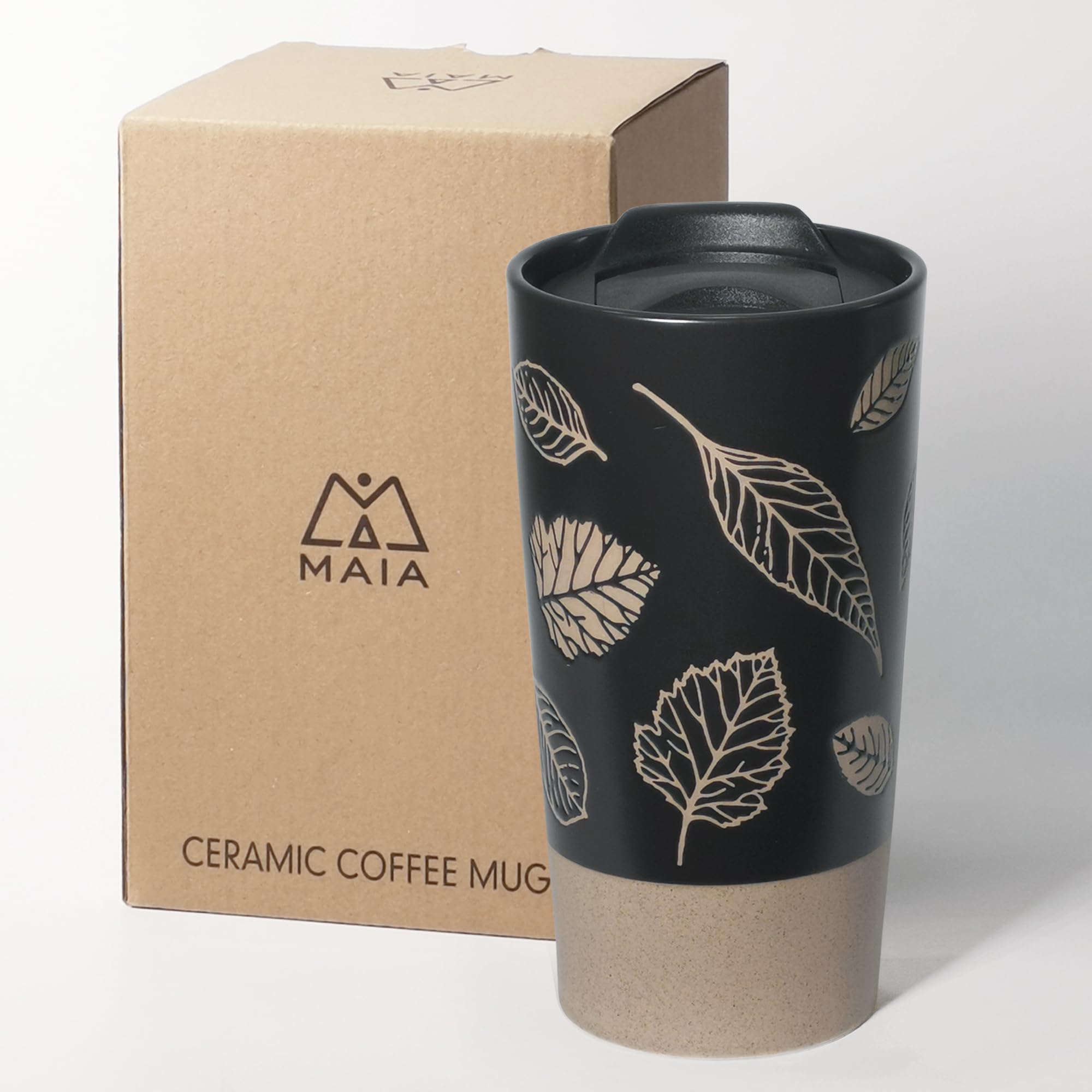 MAIA Tumbler Travel Coffee Mugs Coffee Cups with Lids Ceramic Portable 12oz Coffee Tumblers with Lids Tea Cup Mug for Coffee Travel Mug Insulated Coffee Mug Double-walled with Leaf White Gift