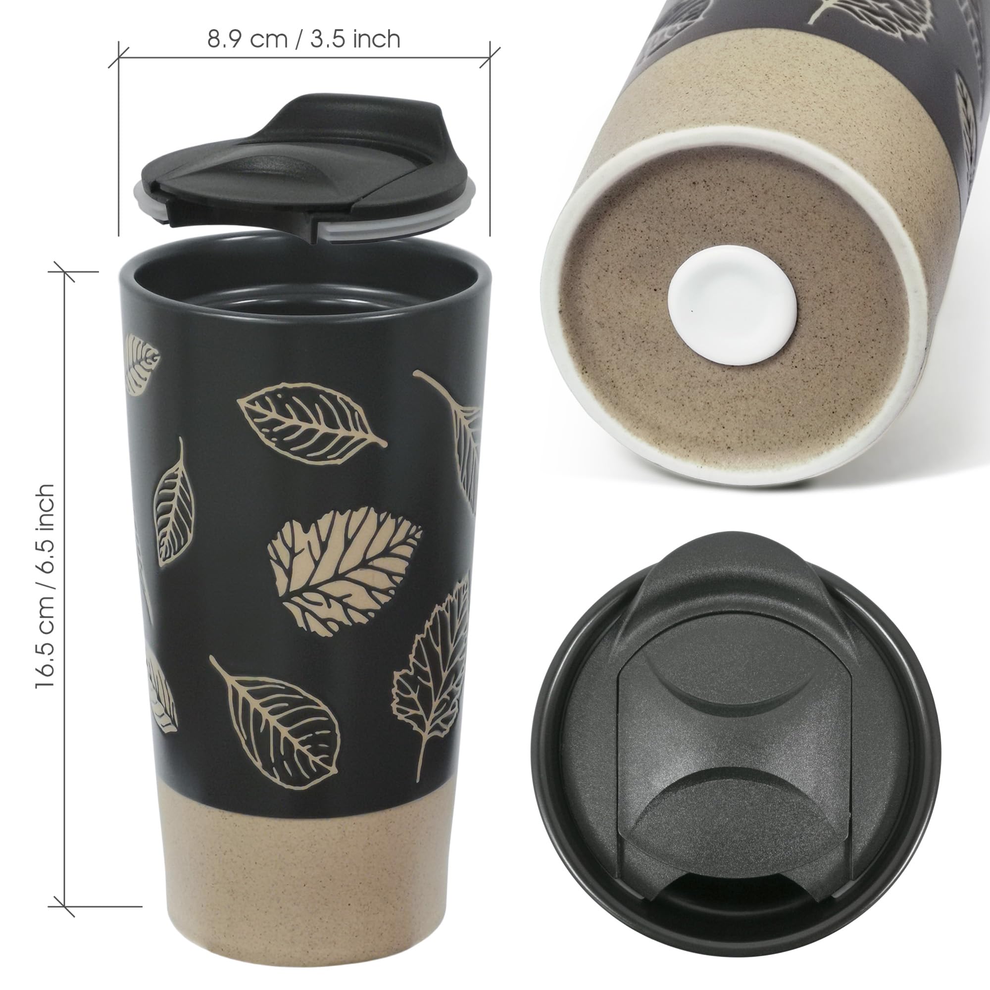 MAIA Tumbler Travel Coffee Mugs Coffee Cups with Lids Ceramic Portable 12oz Coffee Tumblers with Lids Tea Cup Mug for Coffee Travel Mug Insulated Coffee Mug Double-walled with Leaf White Gift