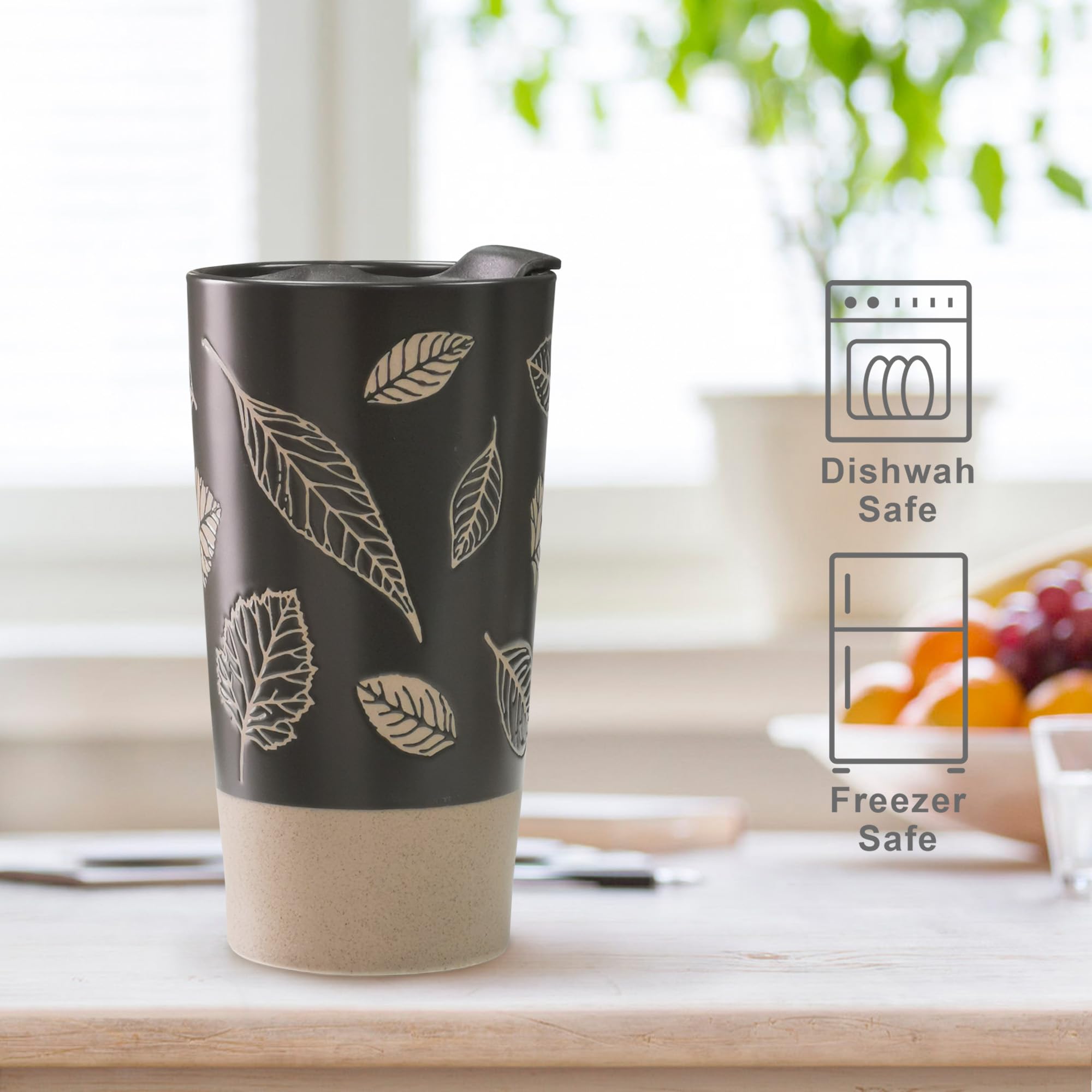 MAIA Tumbler Travel Coffee Mugs Coffee Cups with Lids Ceramic Portable 12oz Coffee Tumblers with Lids Tea Cup Mug for Coffee Travel Mug Insulated Coffee Mug Double-walled with Leaf White Gift