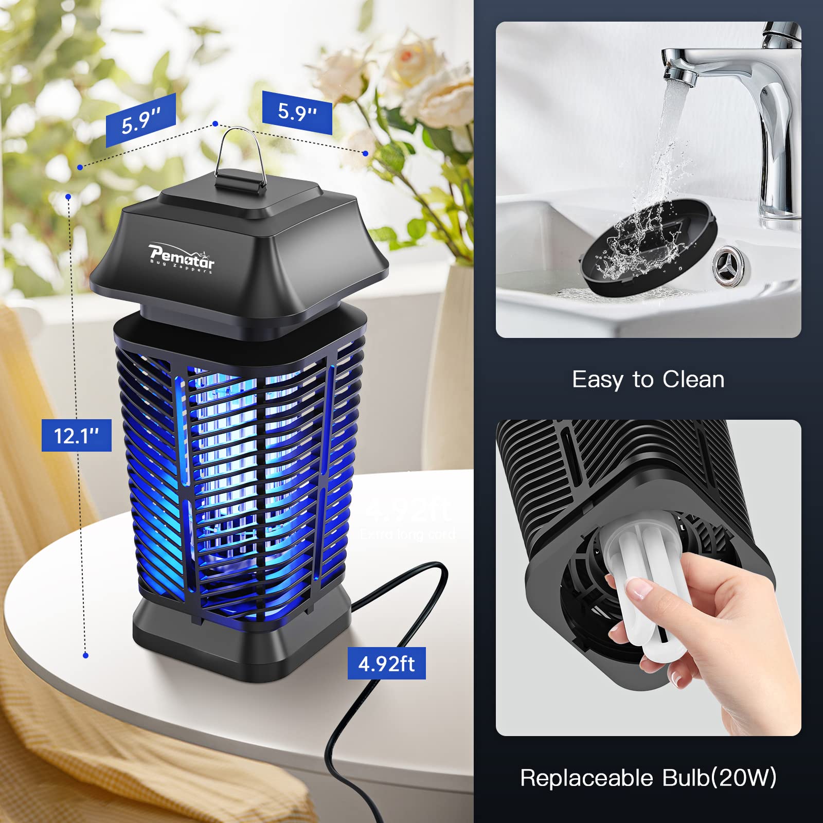 Bug Zapper Outdoor, Electric Mosquito Zapper Indoor, 20W/4200V, IPX4 Waterproof, Fly Zapper, Fly Traps, Plug-in Mosquito z Lamp for Home, Patio, Garden, Camp (Black)