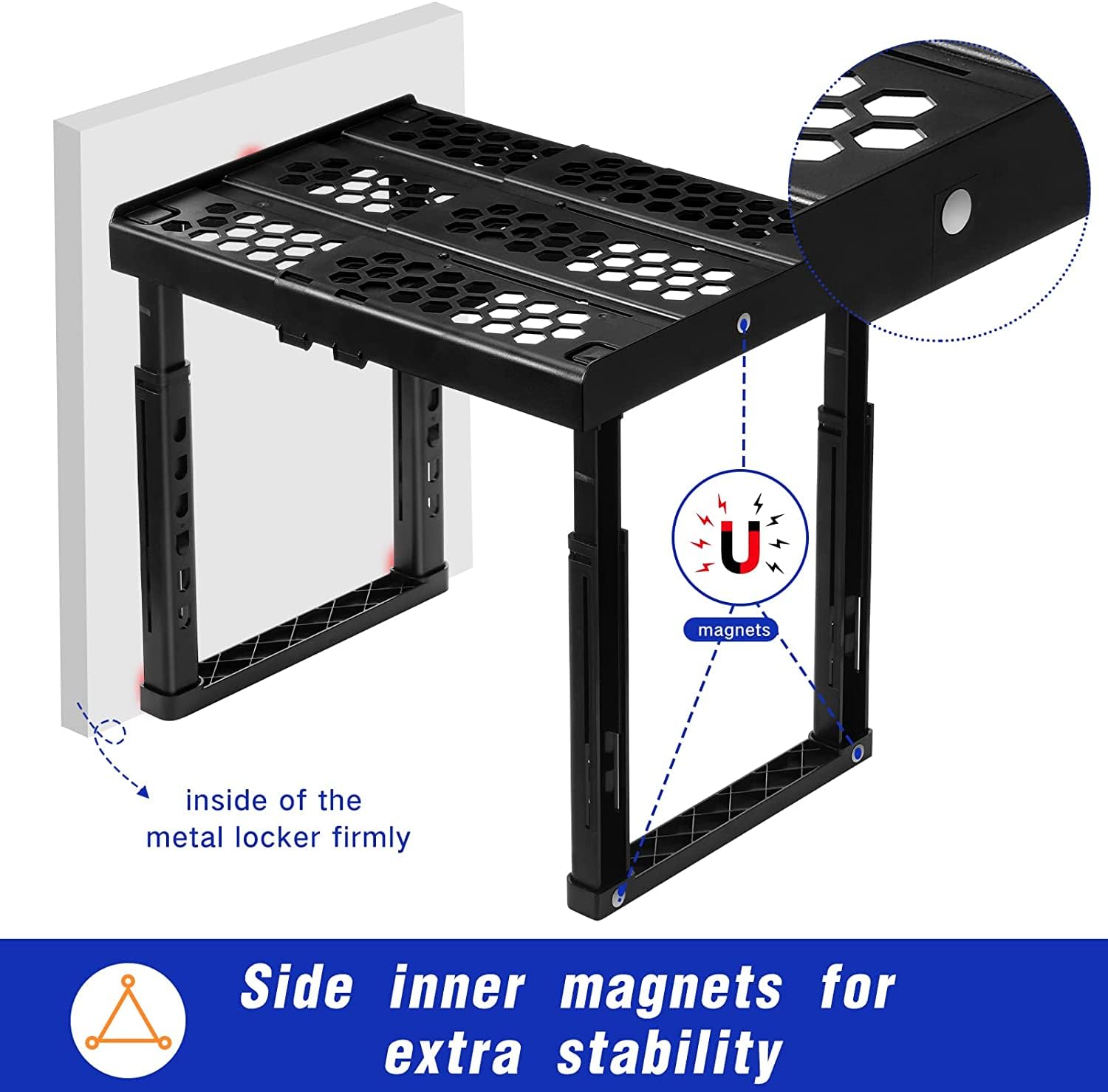 Locker Organizer Shelf， Adjustable Width and Height, Ideal Locker for School, Office, and Gym Lockers (Black 2 Pack)