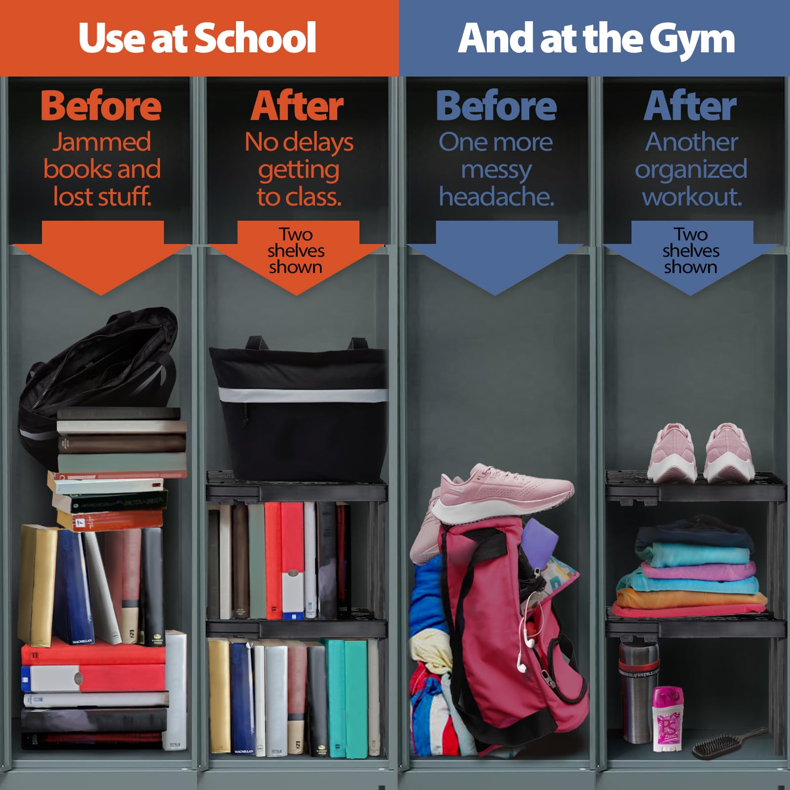 Locker Organizer Shelf， Adjustable Width and Height, Ideal Locker for School, Office, and Gym Lockers (Black 2 Pack)