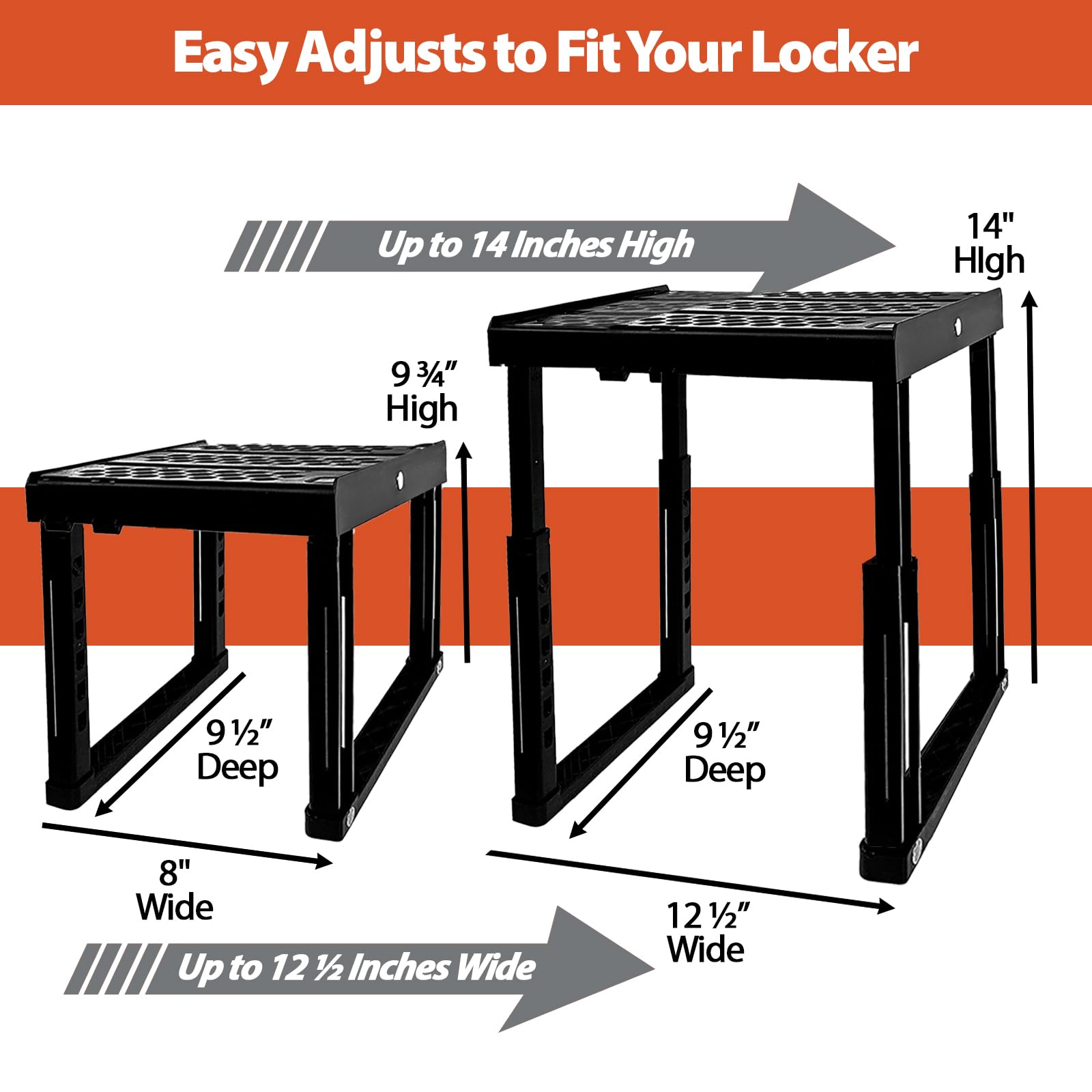 Locker Organizer Shelf， Adjustable Width and Height, Ideal Locker for School, Office, and Gym Lockers (Black 2 Pack)