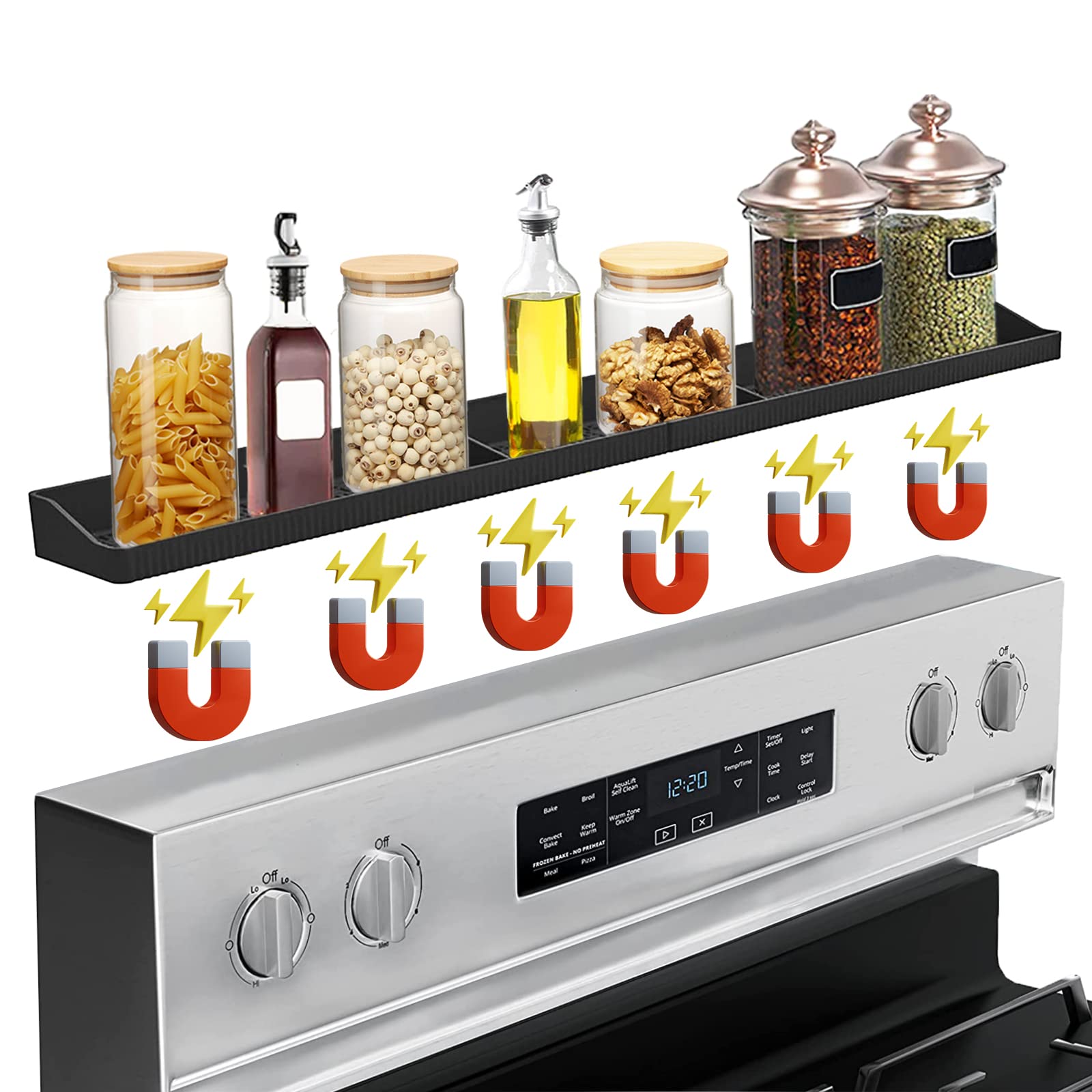 Optukeop 30" Magnetic Stove Top Shelf, Anti-Slip Silicone Kitchen Shelf Over The Stove,6 Strong Magnets Spice Rack Organizer for Stove Oven, Zero Installation&Heat Resistant-Black