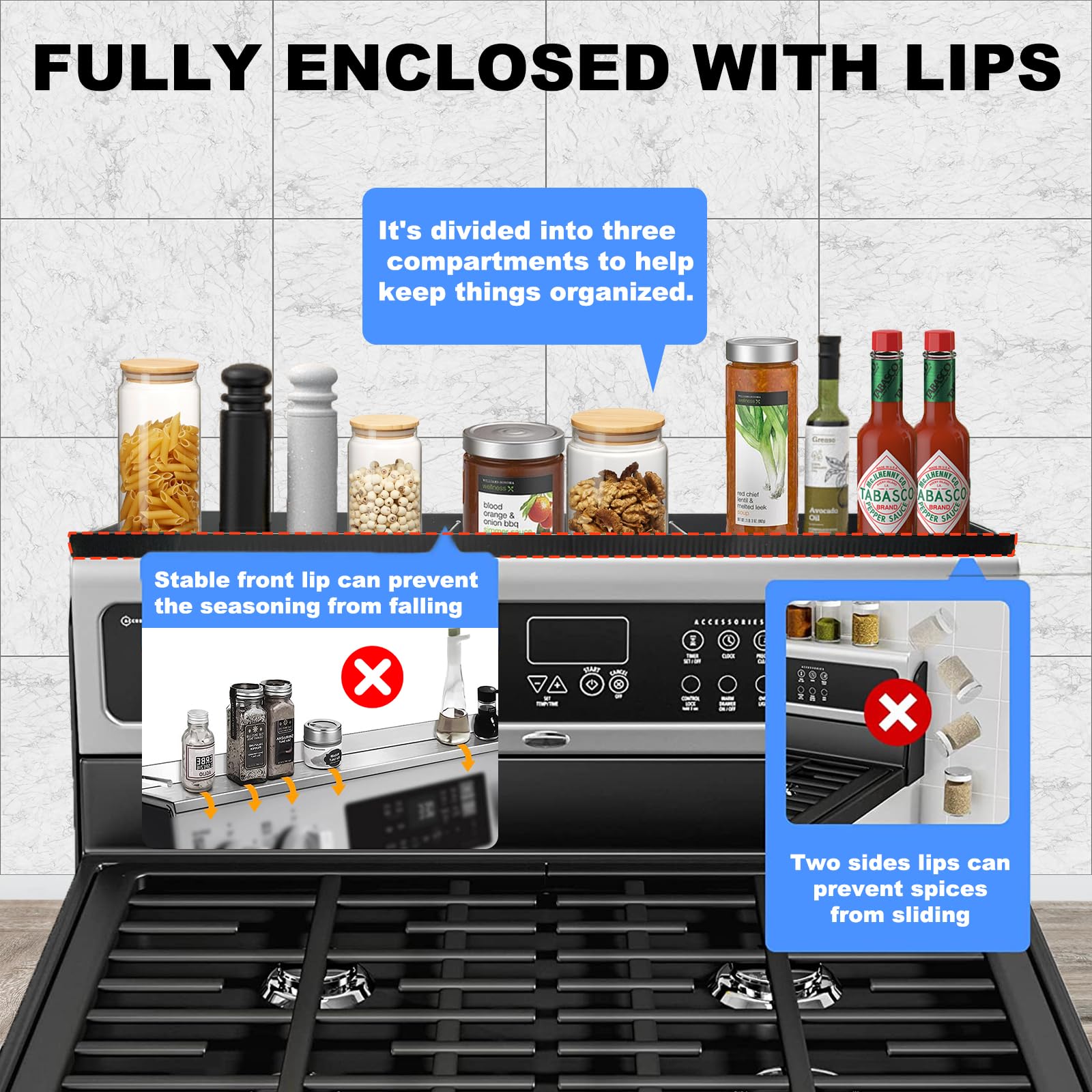 Optukeop 30" Magnetic Stove Top Shelf, Anti-Slip Silicone Kitchen Shelf Over The Stove,6 Strong Magnets Spice Rack Organizer for Stove Oven, Zero Installation&Heat Resistant-Black