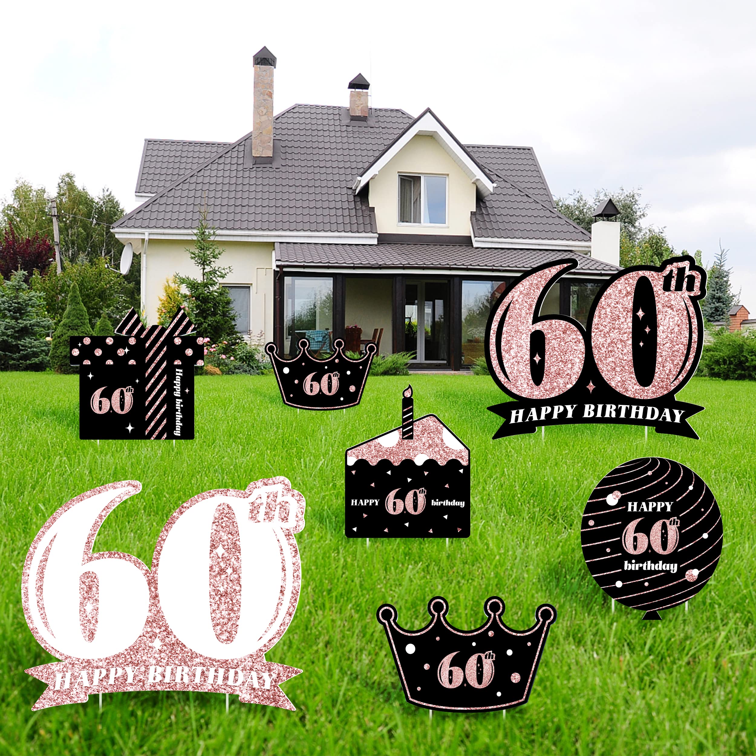 LINAYE 60th Birthday Decorations Yard Sign Rose Gold for Women | 60th Birthday Yard Decorations Outdoor 7PCS Happy 60th Birthday Decorations Yard Signs with Stakes 60th Birthday Photo Props Rose Gold