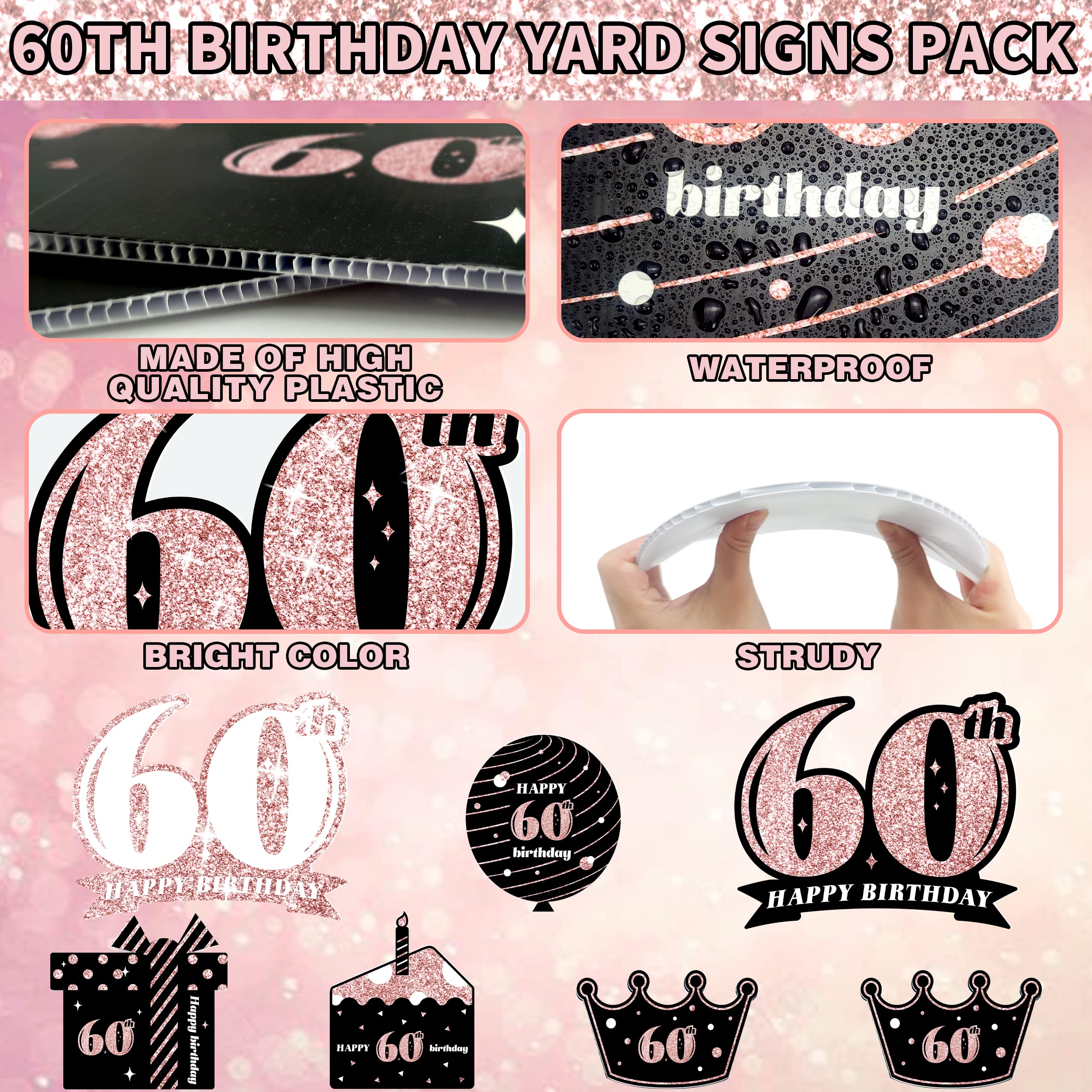 LINAYE 60th Birthday Decorations Yard Sign Rose Gold for Women | 60th Birthday Yard Decorations Outdoor 7PCS Happy 60th Birthday Decorations Yard Signs with Stakes 60th Birthday Photo Props Rose Gold