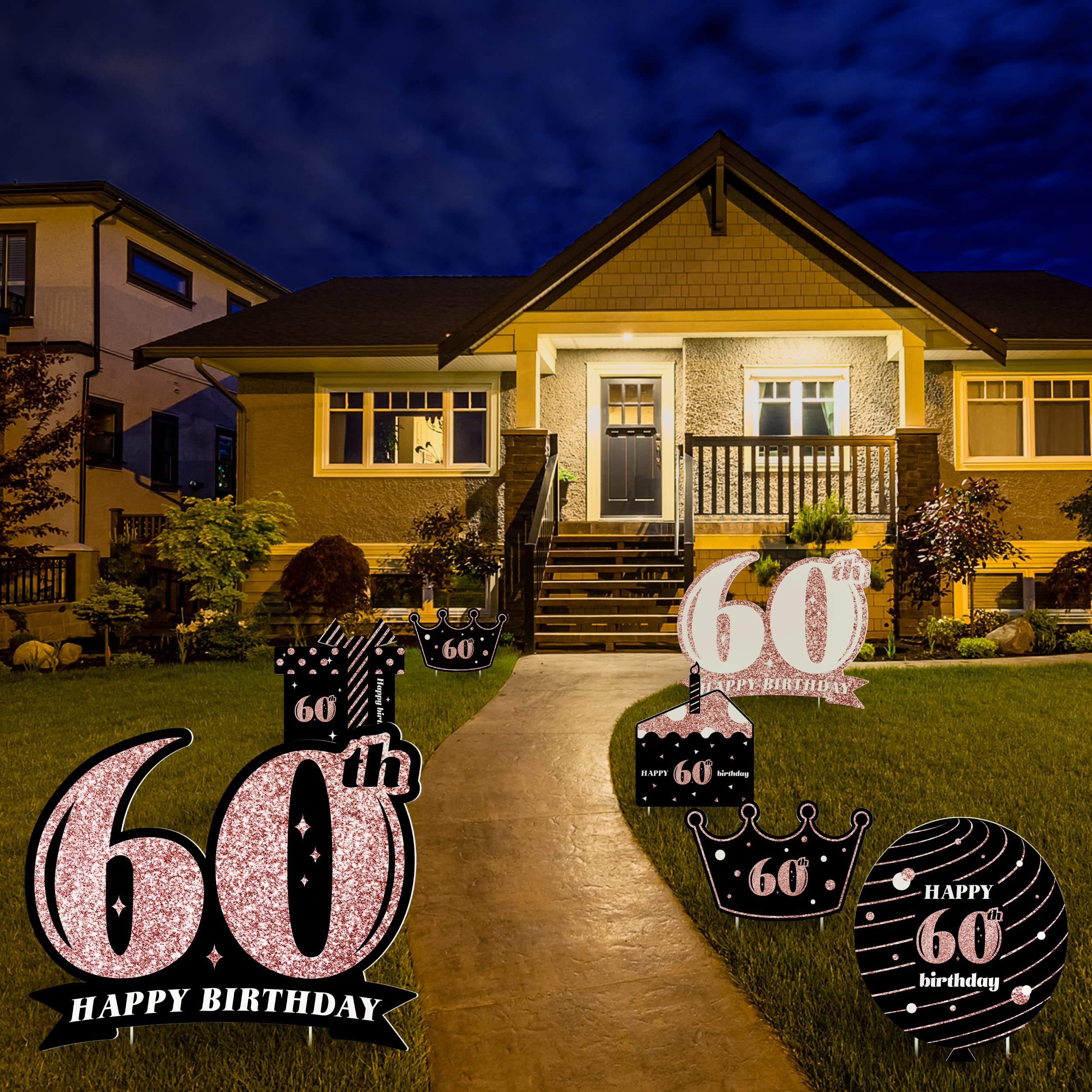 LINAYE 60th Birthday Decorations Yard Sign Rose Gold for Women | 60th Birthday Yard Decorations Outdoor 7PCS Happy 60th Birthday Decorations Yard Signs with Stakes 60th Birthday Photo Props Rose Gold