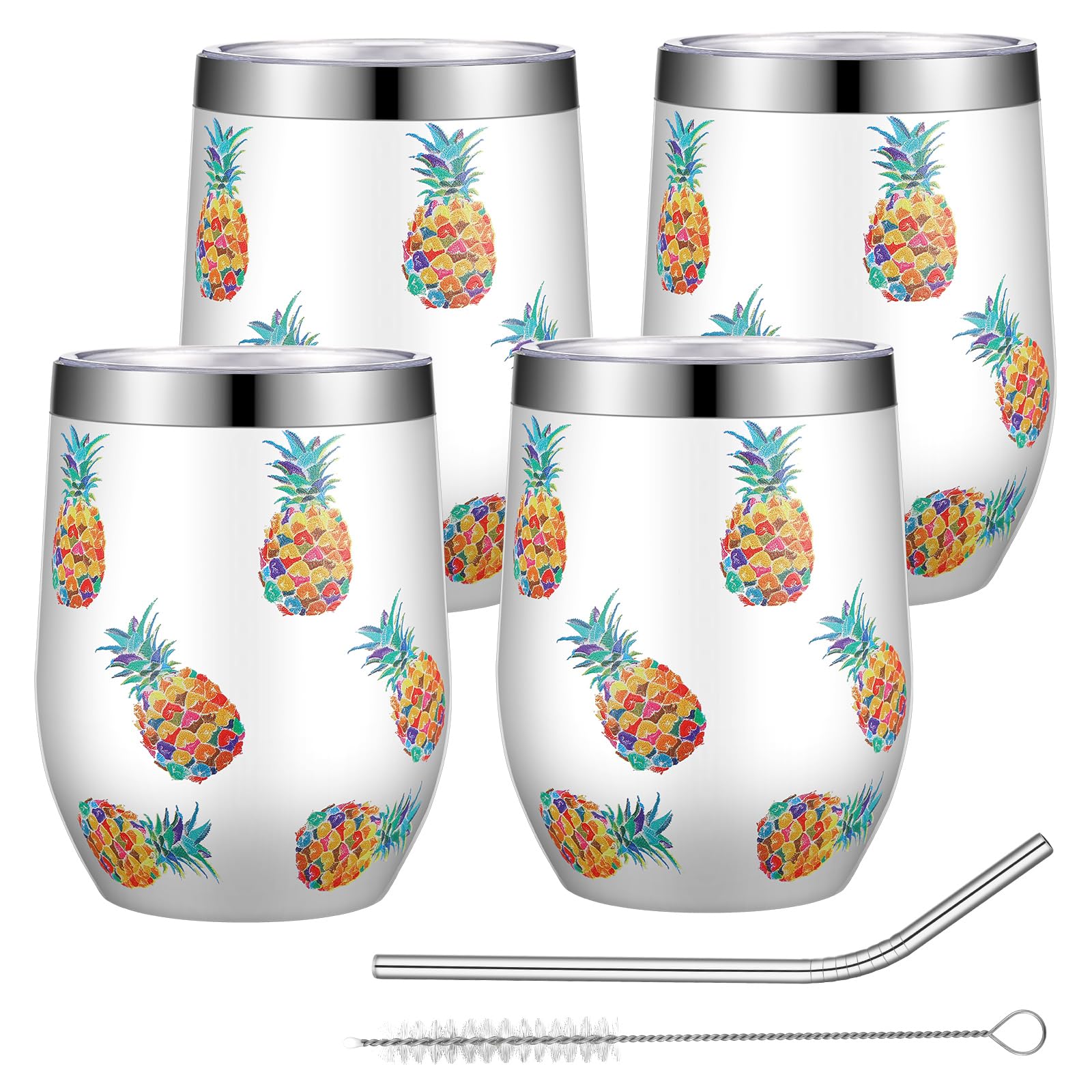 Ferraycle 4 Pieces Pineapple Tumbler Pineapple Gifts for Women Pineapple Wine Tumbler with Lid 12oz Stainless Steel Vacuum Insulated Wine Tumbler Pineapple Tropical Travel Tumbler