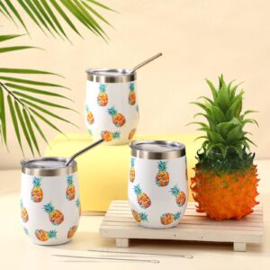 Ferraycle 4 Pieces Pineapple Tumbler Pineapple Gifts for Women Pineapple Wine Tumbler with Lid 12oz Stainless Steel Vacuum Insulated Wine Tumbler Pineapple Tropical Travel Tumbler