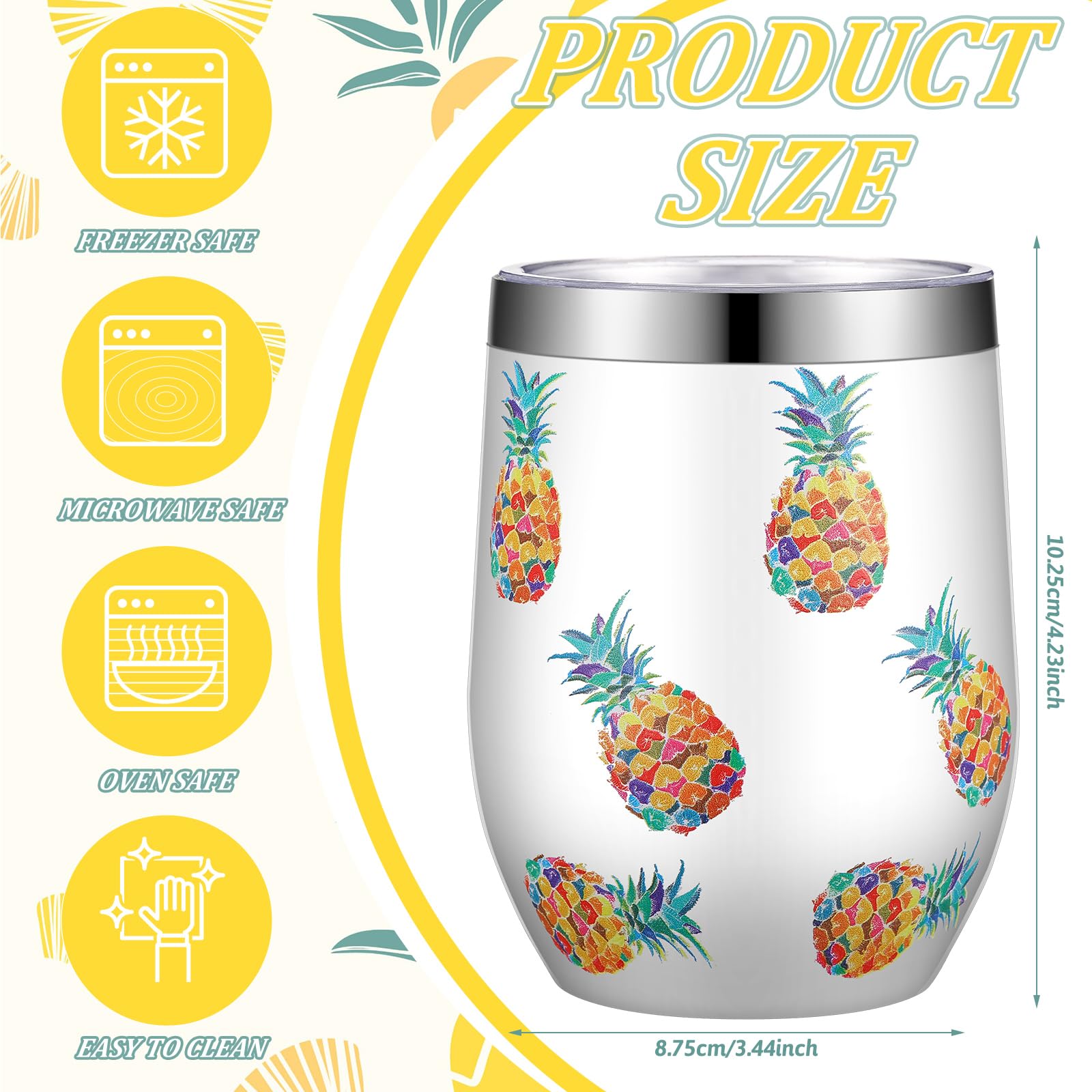 Ferraycle 4 Pieces Pineapple Tumbler Pineapple Gifts for Women Pineapple Wine Tumbler with Lid 12oz Stainless Steel Vacuum Insulated Wine Tumbler Pineapple Tropical Travel Tumbler