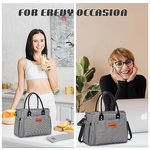 Lunch Bag for Women, Insulated Lunch Box for Work, Large Leakproof Cooler Purse with Side Pockets & Removable Shoulder Strap Women's Lunch Tote Bag for Picnic Work Beach(Stripe)