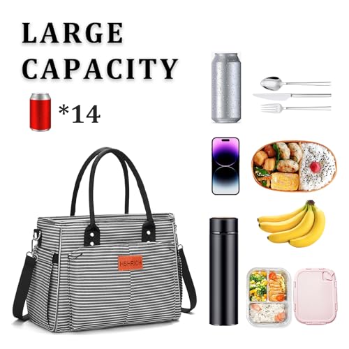 Lunch Bag for Women, Insulated Lunch Box for Work, Large Leakproof Cooler Purse with Side Pockets & Removable Shoulder Strap Women's Lunch Tote Bag for Picnic Work Beach(Stripe)