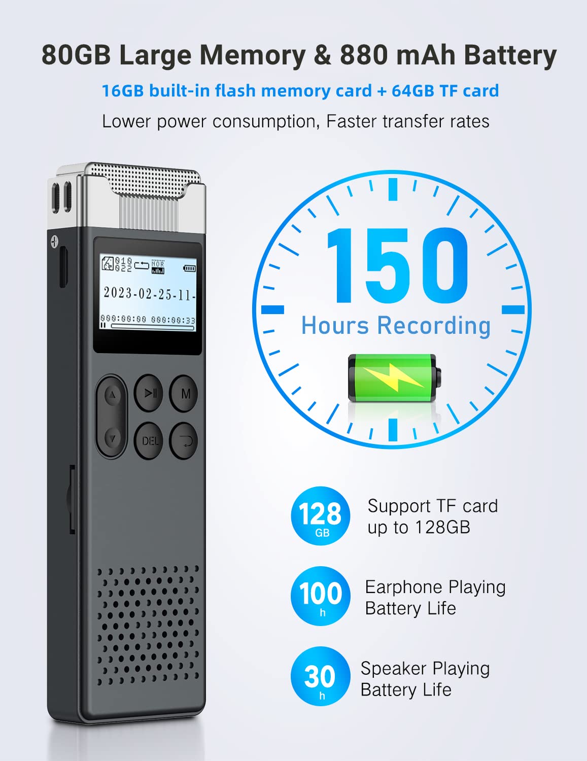 80GB Digital Voice Activated Recorder with Playback - Audio Voice Recorder for Lectures Meetings, Recording Device Dictaphone Sound Tape Recorder with Password & Card Reader