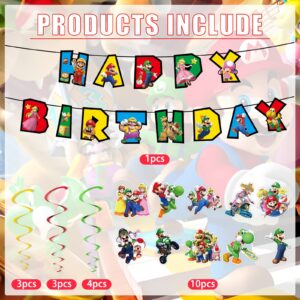 Mario Birthday Party Decorations, Happy Birthday Banner with Hanging Swirls Ceiling Streamers Decorations for Kids Mario Party Supplies