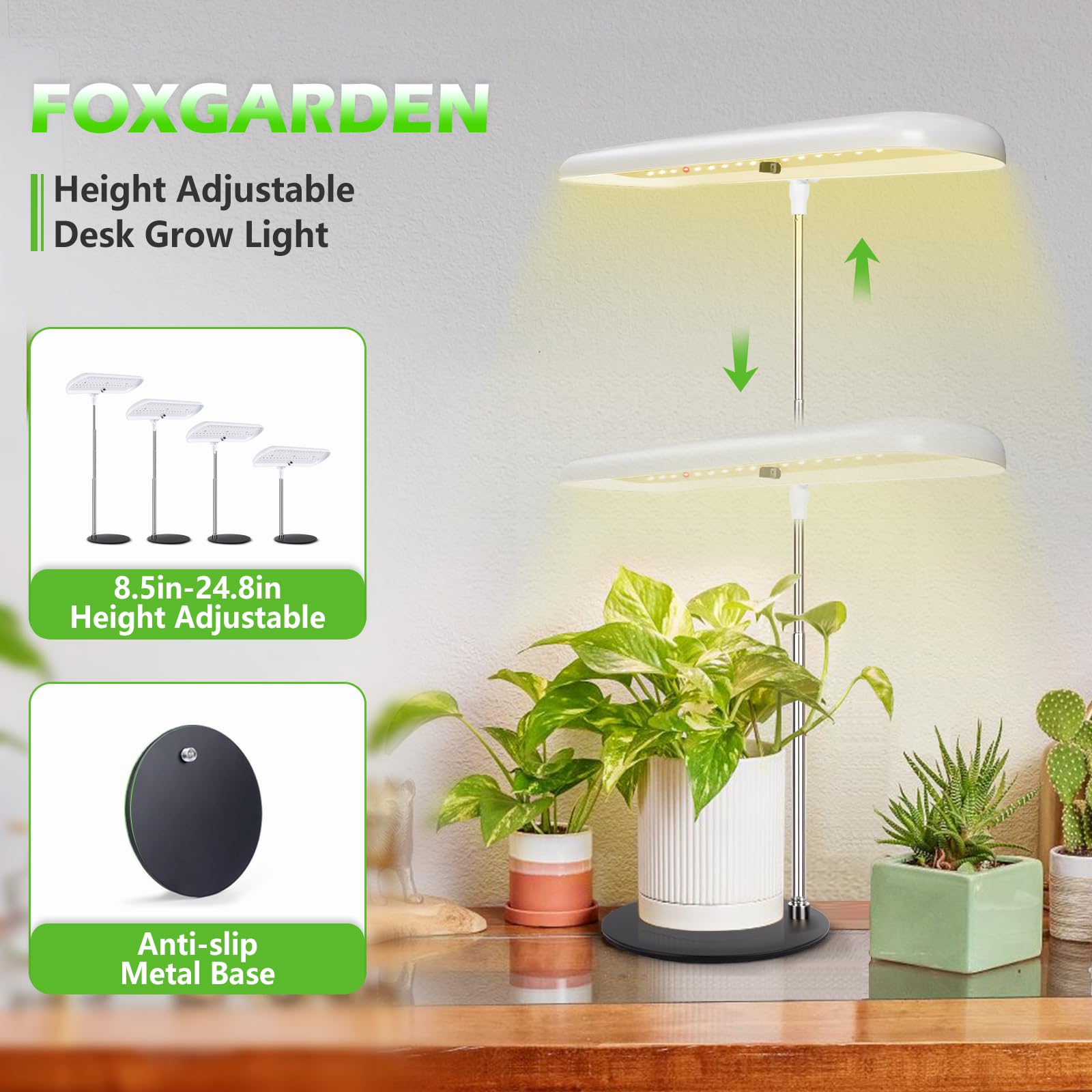 FOXGARDEN- Grow Light, Full Spectrum Desktop Grow Lamp with Base, Bright LED Plant Light with Auto On/Off Timer 4/8/12H, 4 Dimmable Brightness, Height Adjustable, Ideal for Indoor Plants