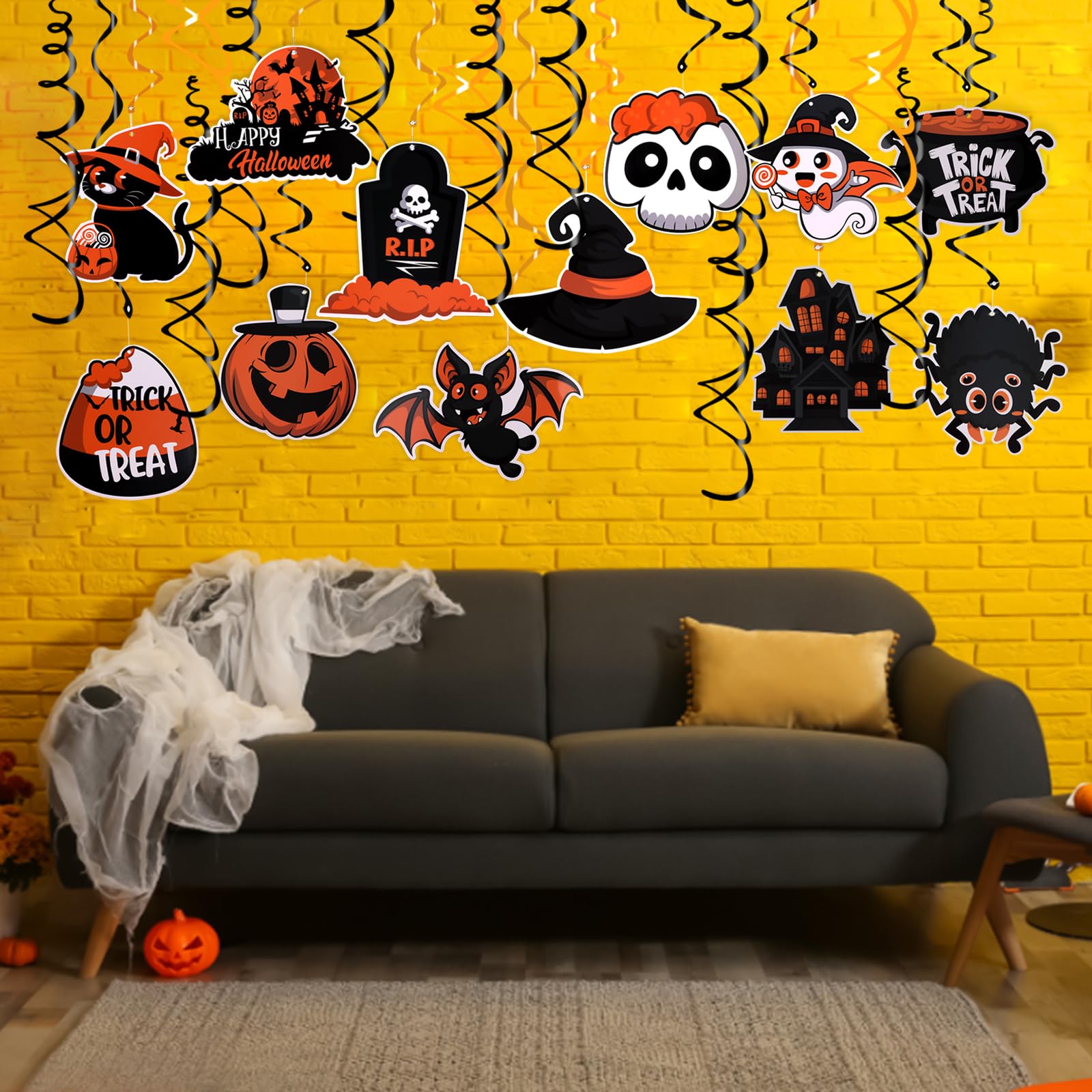 KIMOBER 36PCS Halloween Hanging Swirls Decorations,Black Orange Double Sided Swirl Hanging Decor for Halloween Trick or Treat Party Decoracion