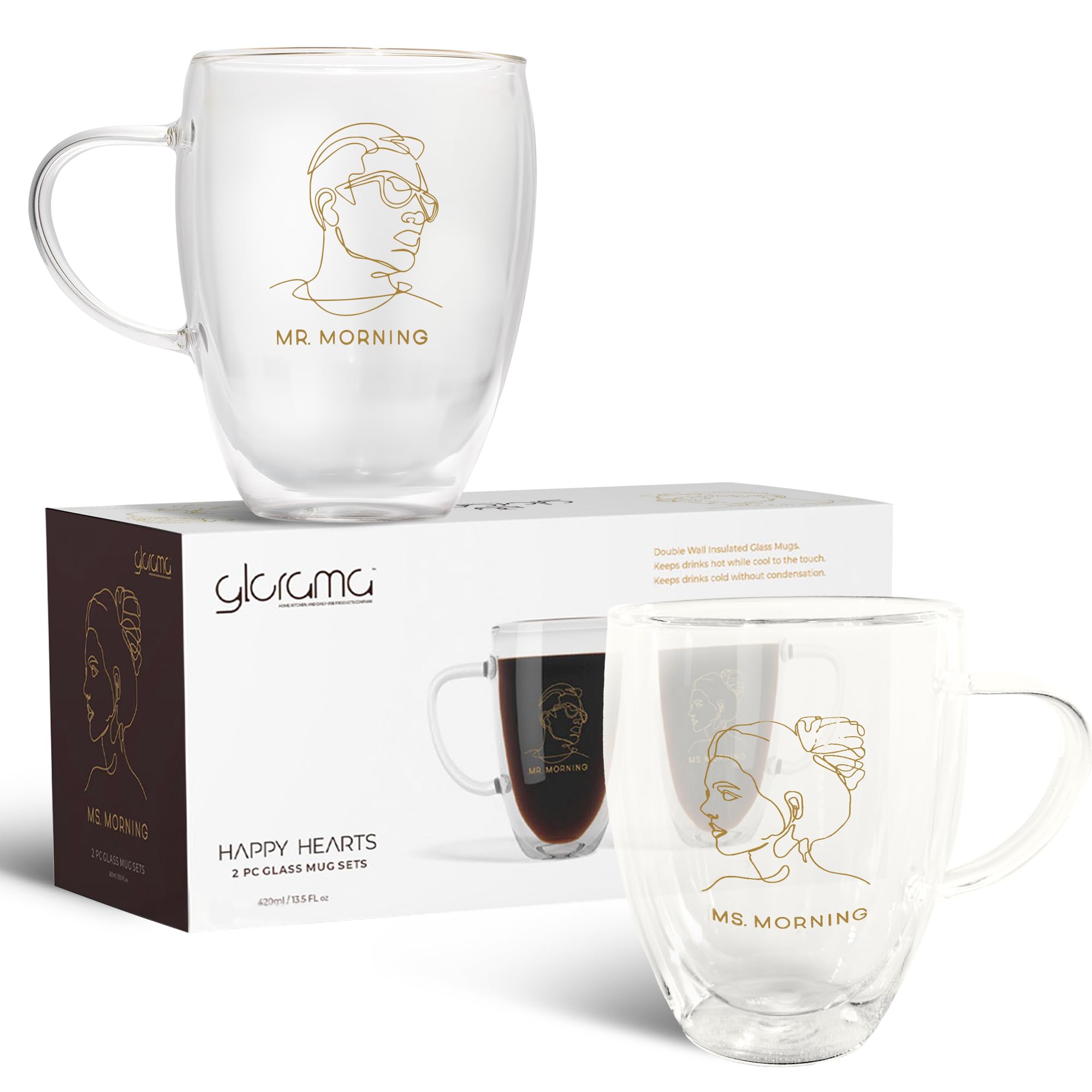 GLORAMA Double Walled Glass Coffee Mugs for Couples - Espresso Cups, Coffee Cups for Couples with Gold Line Art Inscription, Freezer & Microwave Safe (12oz)