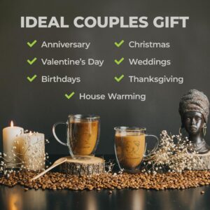 GLORAMA Double Walled Glass Coffee Mugs for Couples - Espresso Cups, Coffee Cups for Couples with Gold Line Art Inscription, Freezer & Microwave Safe (12oz)