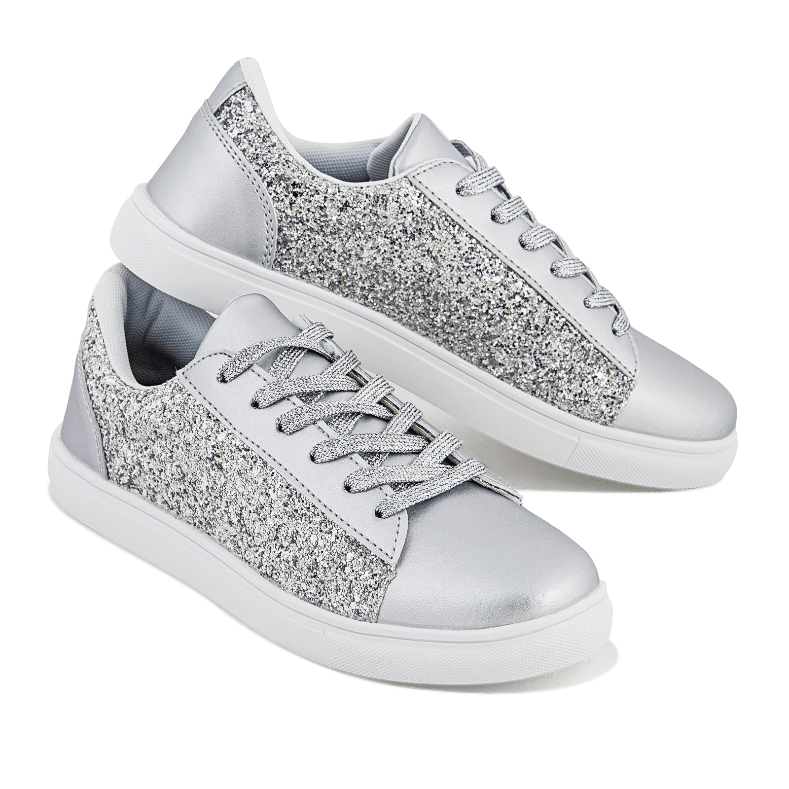 Women's Glitter Shoes Fashion Shiny Sequin Sneakers Tennis Sparkly Shoes Rhinestone Bling Shoes with Lace up(Silver Sequins,9.5)