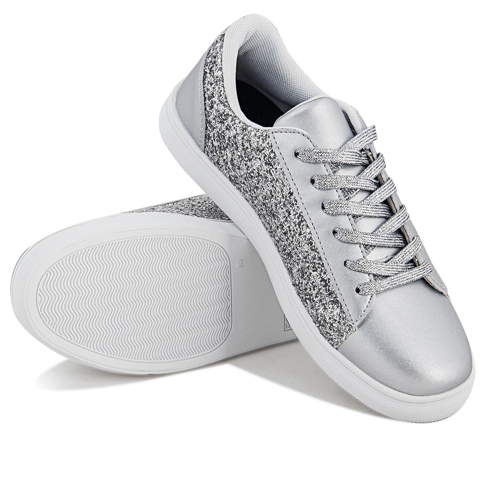 Women's Glitter Shoes Fashion Shiny Sequin Sneakers Tennis Sparkly Shoes Rhinestone Bling Shoes with Lace up(Silver Sequins,9.5)