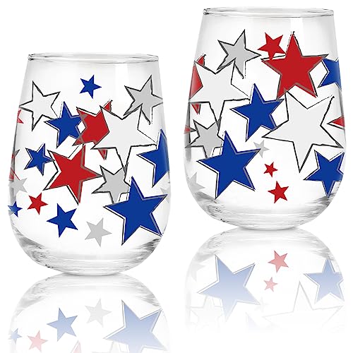 Whaline 2Pcs Patriotic Stemless Wine Glasses 17oz Red Blue White Star Drinking Glasses Star Patterned Tumbler Cups Independence Day Party Cups for 4th of July Party Supplies Kitchen Decorations Gifts