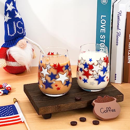 Whaline 2Pcs Patriotic Stemless Wine Glasses 17oz Red Blue White Star Drinking Glasses Star Patterned Tumbler Cups Independence Day Party Cups for 4th of July Party Supplies Kitchen Decorations Gifts