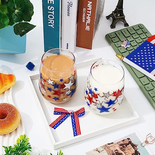 Whaline 2Pcs Patriotic Stemless Wine Glasses 17oz Red Blue White Star Drinking Glasses Star Patterned Tumbler Cups Independence Day Party Cups for 4th of July Party Supplies Kitchen Decorations Gifts