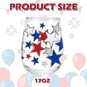 Whaline 2Pcs Patriotic Stemless Wine Glasses 17oz Red Blue White Star Drinking Glasses Star Patterned Tumbler Cups Independence Day Party Cups for 4th of July Party Supplies Kitchen Decorations Gifts