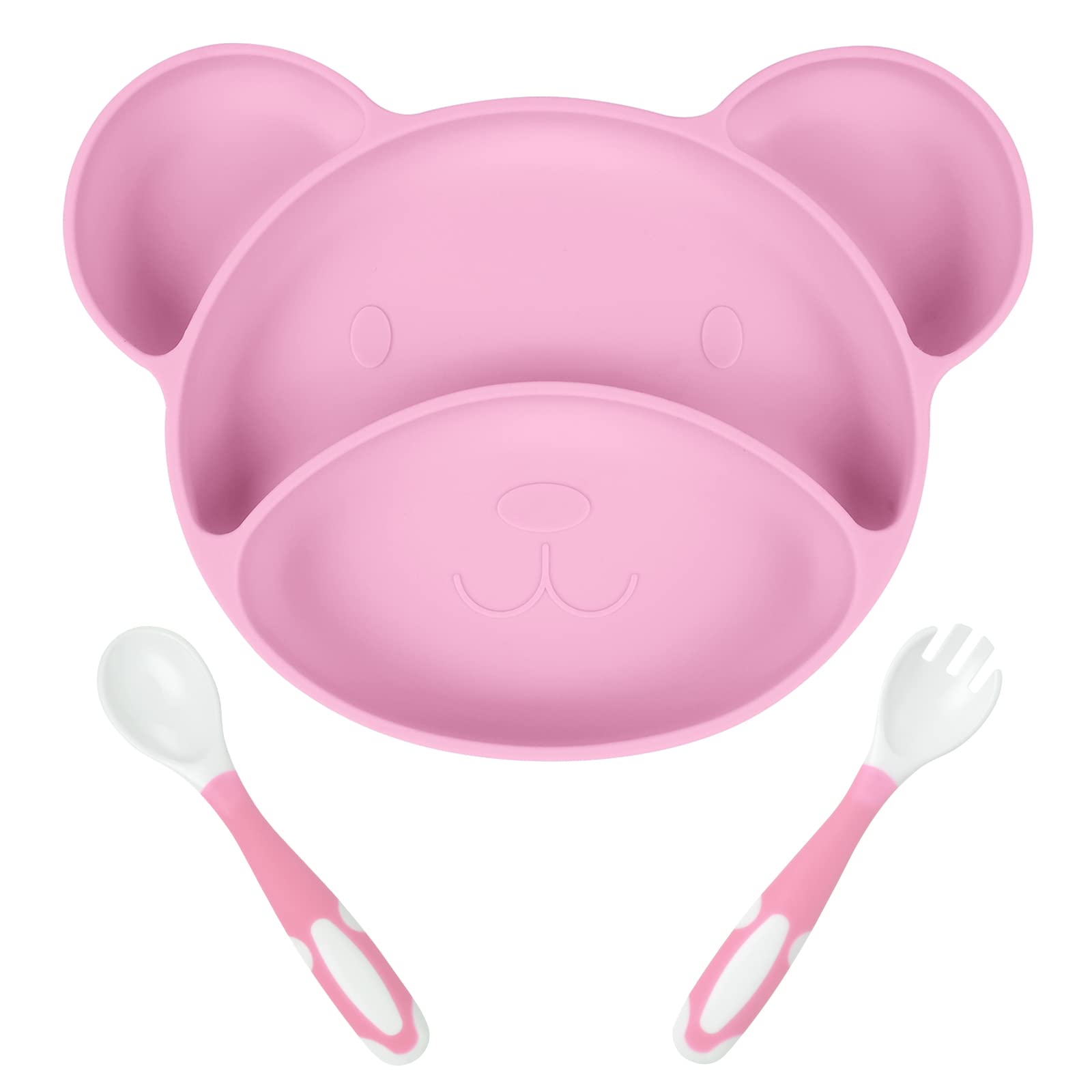 Vicloon Suction Plates for Baby, Silicone Suction Dishware Plate with Spoon and Fork,Toddler Plates Bear Shape,Divided Plates Stay Put with Suction Feature, Silicone Grip Dish for Dishwasher(Pink)