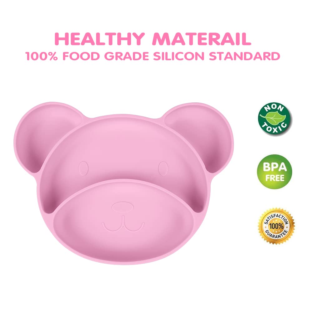 Vicloon Suction Plates for Baby, Silicone Suction Dishware Plate with Spoon and Fork,Toddler Plates Bear Shape,Divided Plates Stay Put with Suction Feature, Silicone Grip Dish for Dishwasher(Pink)