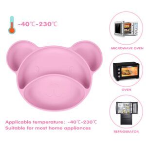 Vicloon Suction Plates for Baby, Silicone Suction Dishware Plate with Spoon and Fork,Toddler Plates Bear Shape,Divided Plates Stay Put with Suction Feature, Silicone Grip Dish for Dishwasher(Pink)