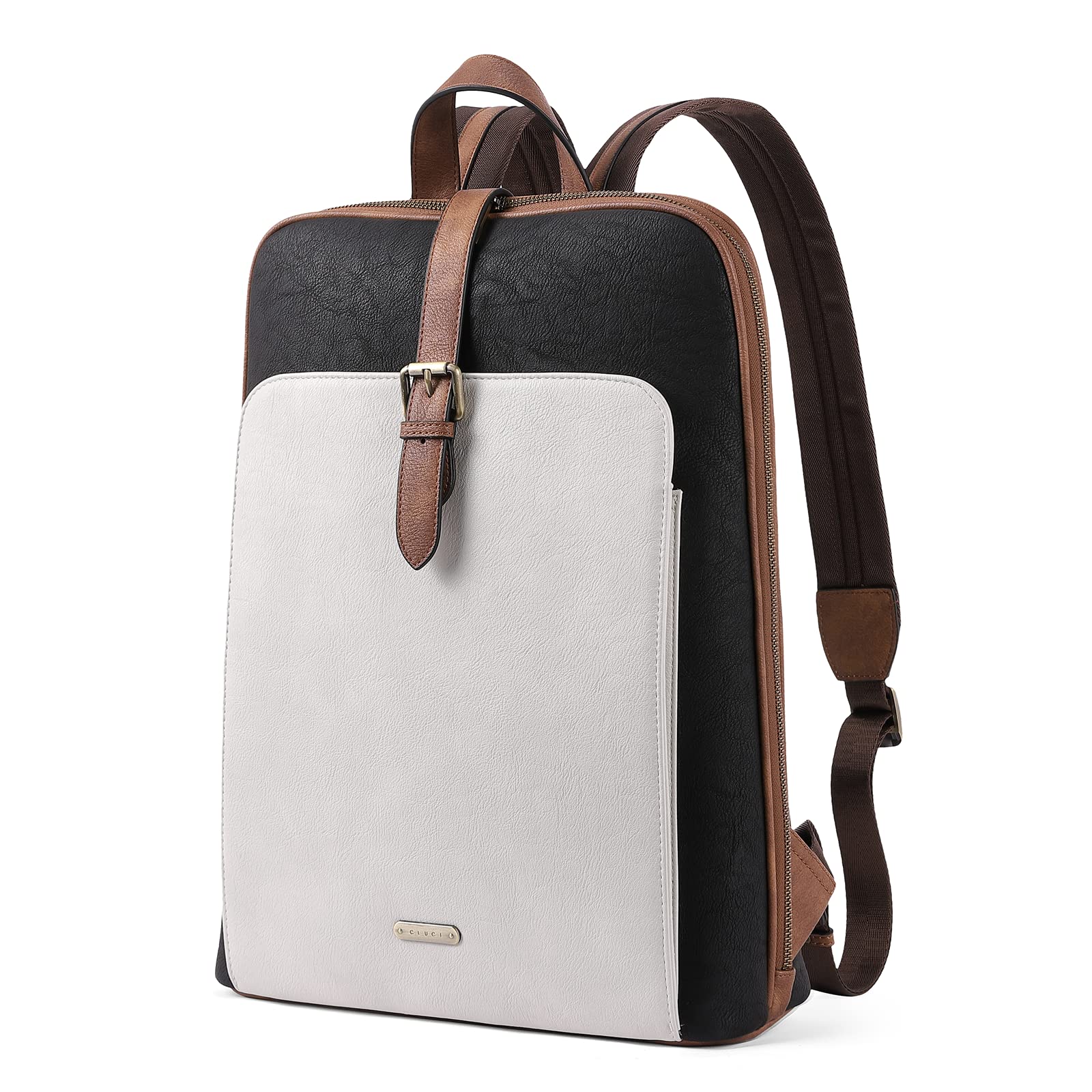 CLUCI Leather Backpack for Women 15.6 inch Laptop Backpack Purse for Women Stylish Work Computer Backpack Casual Daypack Black with Off-white-Brown