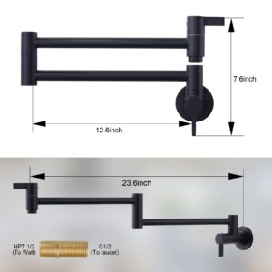 Pot Filler Faucet Matte Black, ARCORA Modern Pot Filler Wall Mount Folding Faucet 2 Handle with Double Joint Swing Arms Brass Stove Faucet