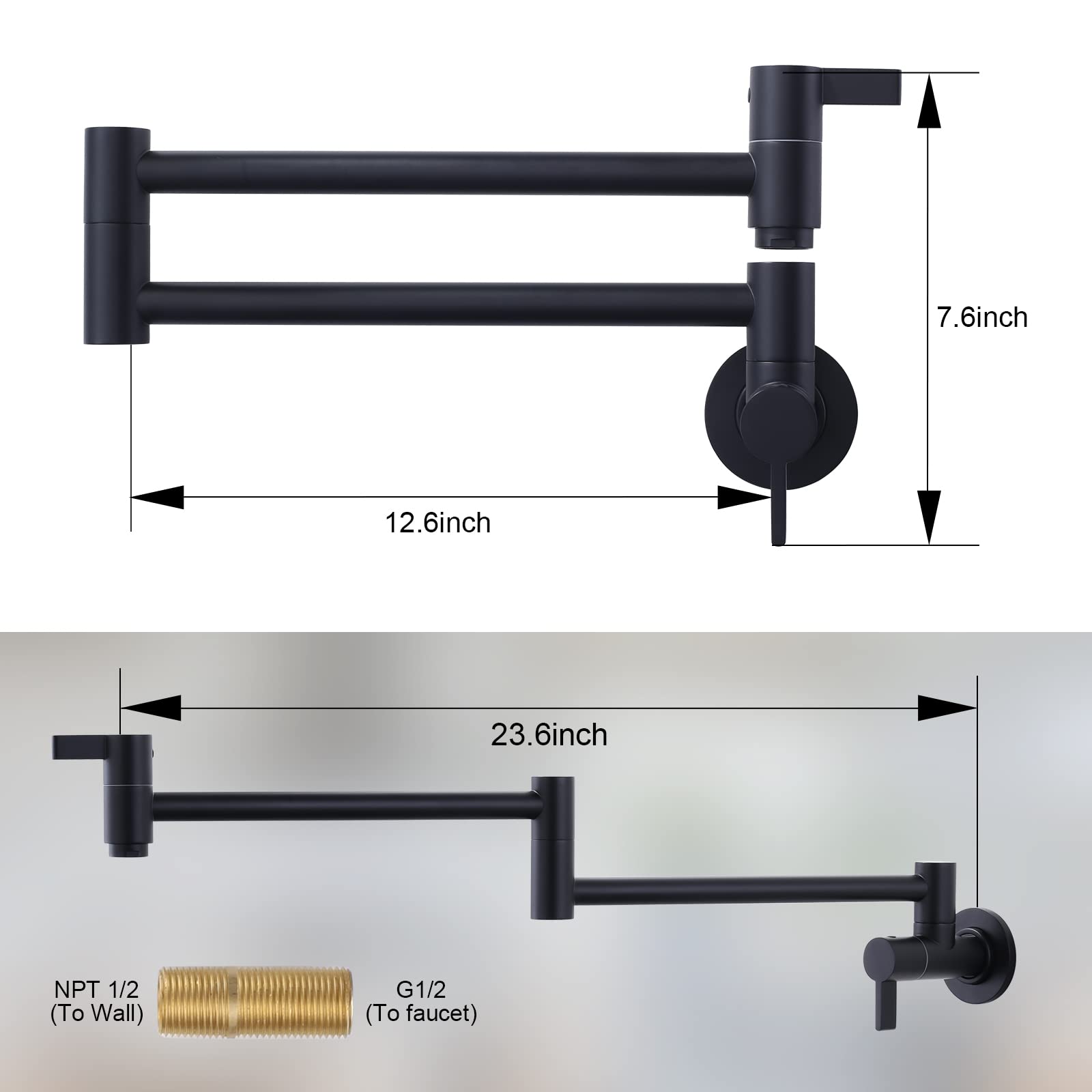 Pot Filler Faucet Matte Black, ARCORA Modern Pot Filler Wall Mount Folding Faucet 2 Handle with Double Joint Swing Arms Brass Stove Faucet