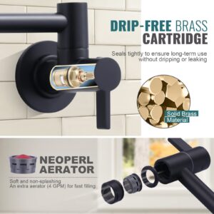 Pot Filler Faucet Matte Black, ARCORA Modern Pot Filler Wall Mount Folding Faucet 2 Handle with Double Joint Swing Arms Brass Stove Faucet