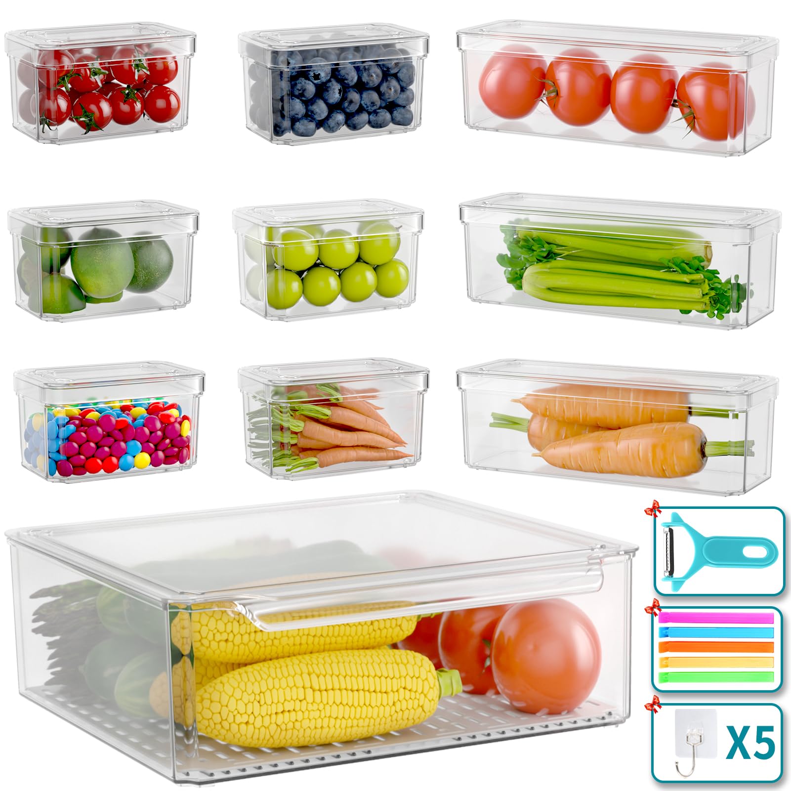 Nibiuht Fridge Organizers and Storage Set - 10 Pack Refrigerator Organizer Bins with Lids, BPA-free Stackable Fruit Container for Refrigerator, Clear Fridge Organization for Food, Vegetable