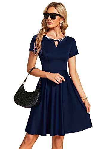 Ever-Pretty Women's Plus Size Rrhinestone Neckline Short Sleeves A-Line Mini Graduation Dresses Navy Blue 3XL