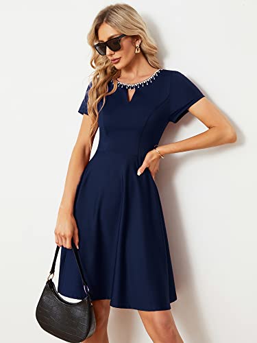 Ever-Pretty Women's Plus Size Rrhinestone Neckline Short Sleeves A-Line Mini Graduation Dresses Navy Blue 3XL