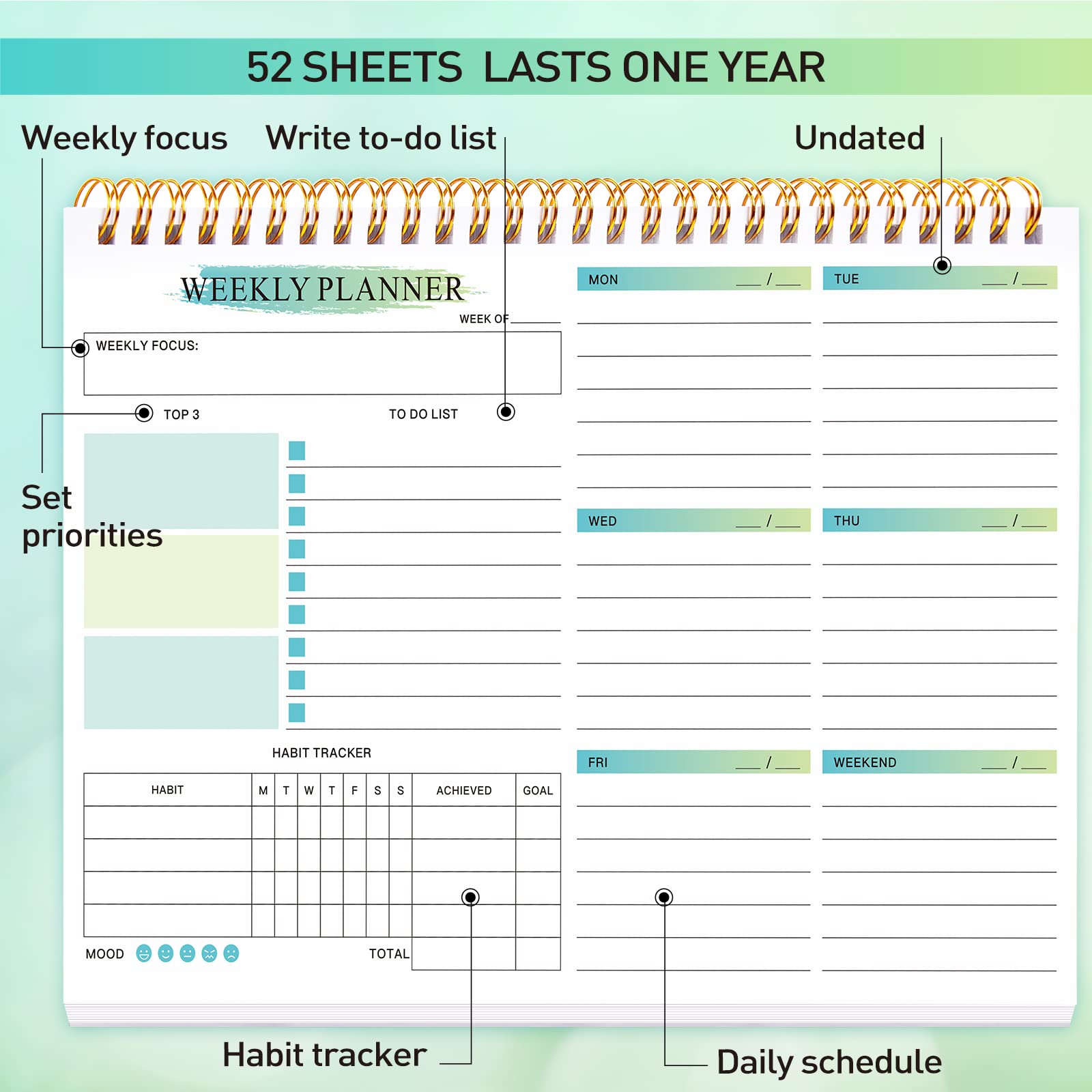 JUBTIC Weekly Planner Notepad with Pen - 52 Undated Weekly Calendar Pad Desk Planner Weekly To Do List Notepad Planning Pad Academic Planner Notebook Habit Tracker Journal Teacher Planner Organize Schedule Goals for Personal Life and Work -7" x 10"