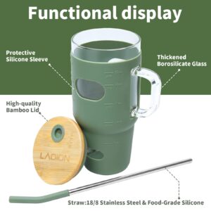 LAOION 32 OZ Glass Tumbler with Handle, Glass Water Bottles with Leakproof Bamboo Lid and Straw, Iced Coffee Cup with Silicone Sleeve and Time Marker, Fits in Cup Holder Spill Proof BPA Free,Sage